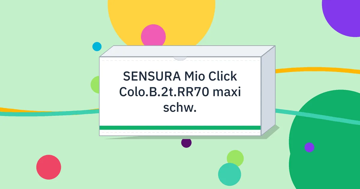 Symbolbild: Packung mit der Aufschrift SENSURA Mio Click Colo.B.2t.RR70 maxi schw. (PZN 20323567) – Verfügbarkeit und Bezug in Apotheken in Frankfurt am Main