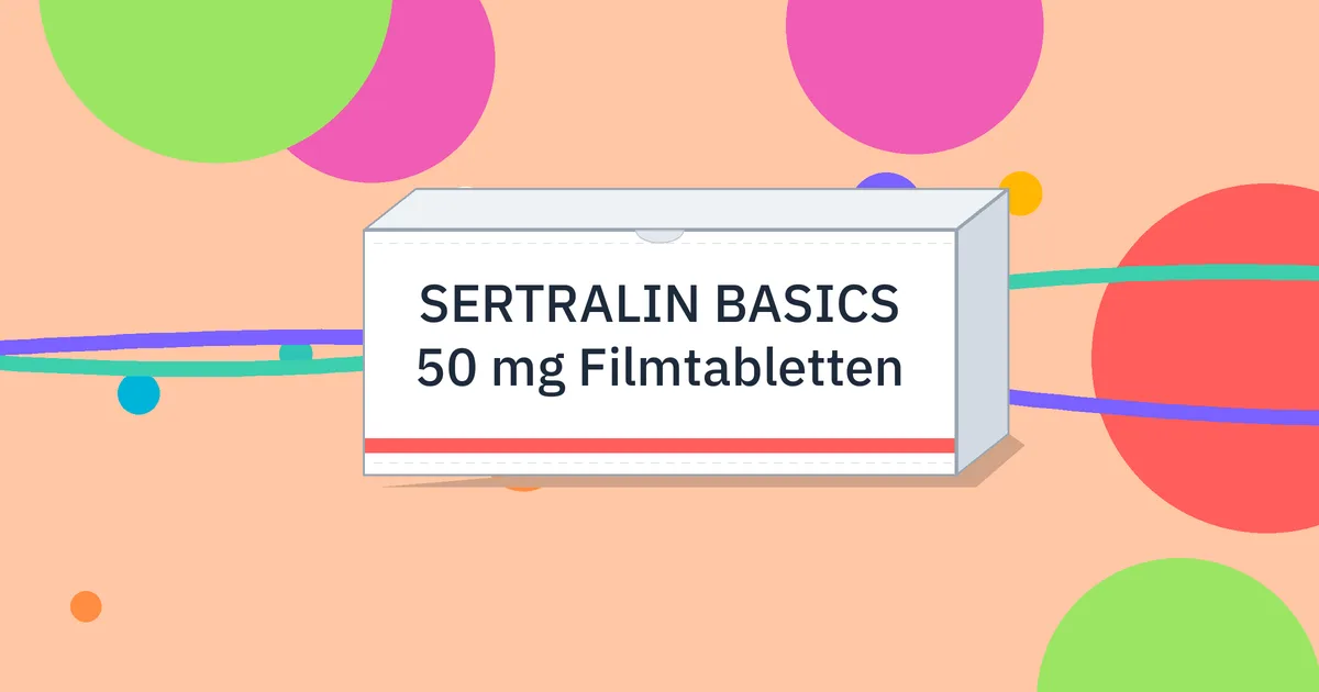 Symbolbild: Packung mit der Aufschrift SERTRALIN BASICS 50 mg Filmtabletten (PZN 00589866) – Verfügbarkeit und Bezug in Apotheken in Frankfurt am Main