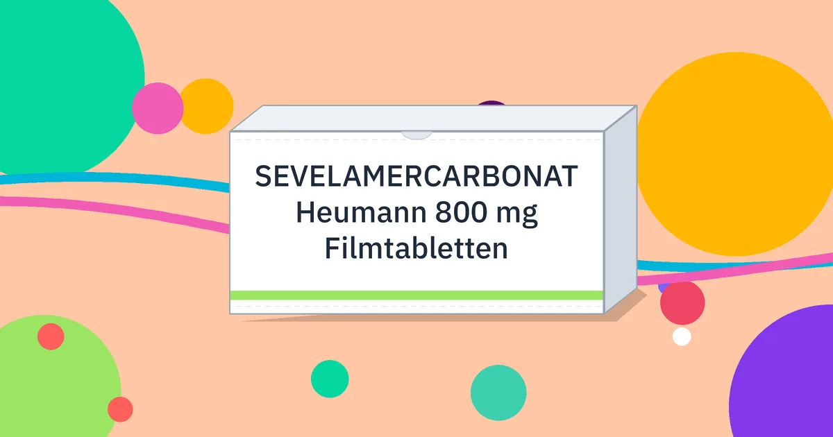 Symbolbild: Packung mit der Aufschrift SEVELAMERCARBONAT Heumann 800 mg Filmtabletten (PZN 17183542) – Verfügbarkeit und Bezug in Apotheken in Frankfurt am Main