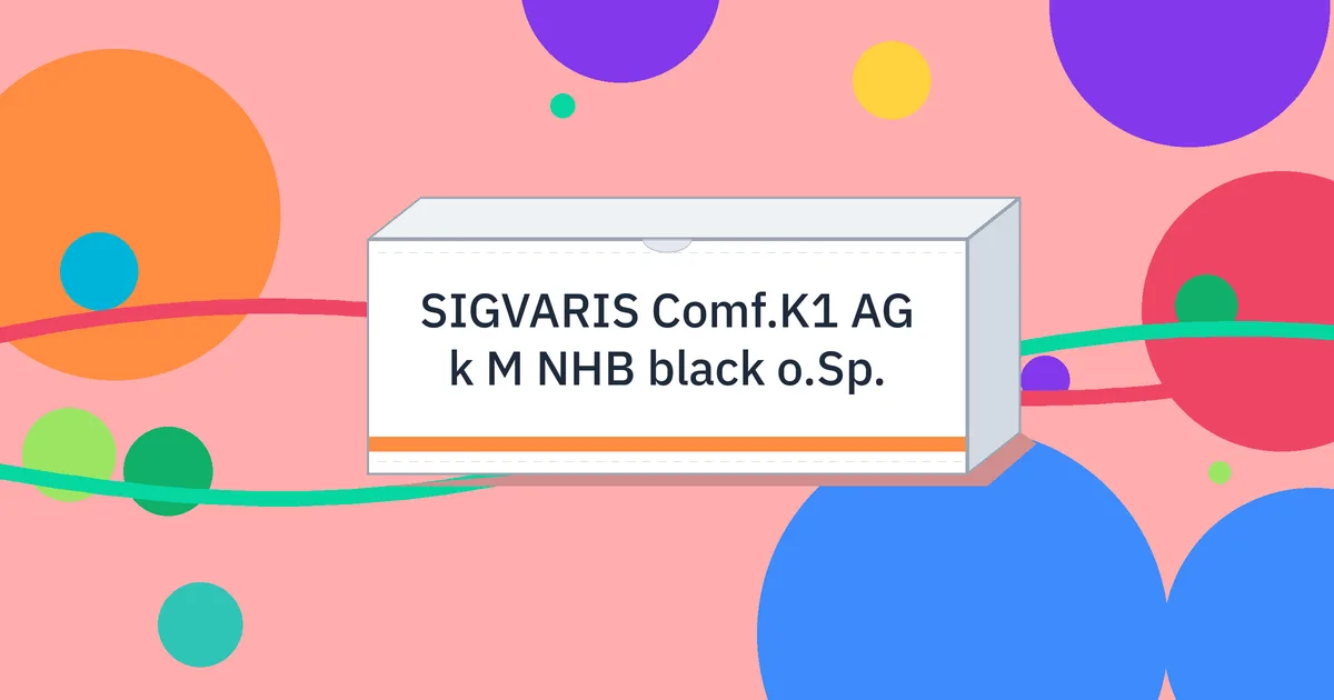 Symbolbild: Packung mit der Aufschrift SIGVARIS Comf.K1 AG k M NHB black o.Sp. (PZN 17099557) – Verfügbarkeit und Bezug in Apotheken in Frankfurt am Main