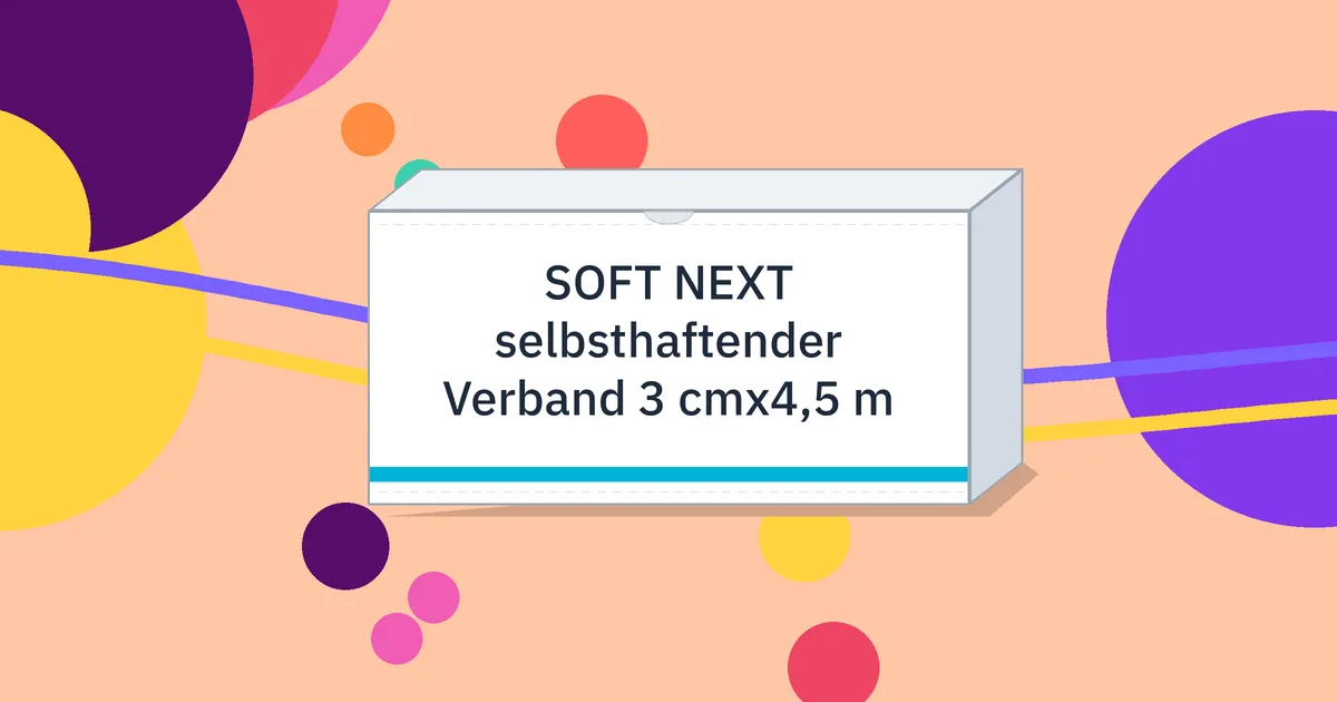 Symbolbild: Packung mit der Aufschrift SOFT NEXT selbsthaftender Verband 3 cmx4,5 m (PZN 12360554) – Verfügbarkeit und Bezug in Apotheken in Frankfurt am Main