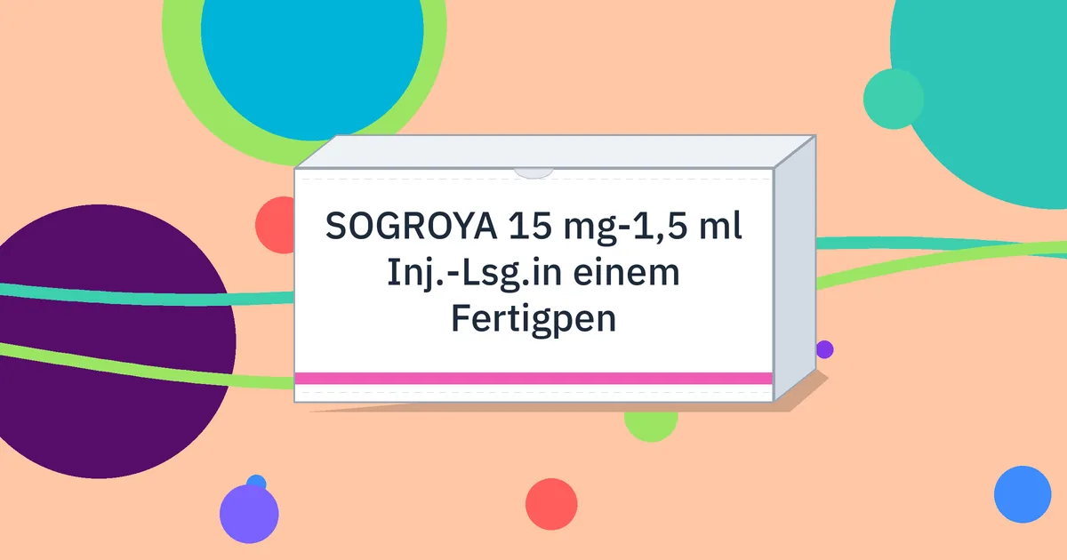 Symbolbild: Packung mit der Aufschrift SOGROYA 15 mg-1,5 ml Inj.-Lsg.in einem Fertigpen (PZN 18817500) – Verfügbarkeit und Bezug in Apotheken in Frankfurt am Main