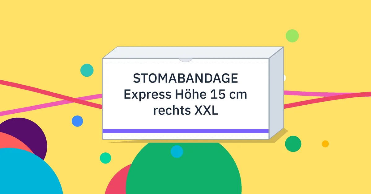 Symbolbild: Packung mit der Aufschrift STOMABANDAGE Express Höhe 15 cm rechts XXL (PZN 16507942) – Verfügbarkeit und Bezug in Apotheken in Frankfurt am Main