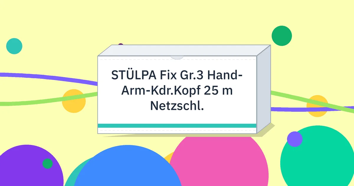 Symbolbild: Packung mit der Aufschrift STÜLPA Fix Gr.3 Hand-Arm-Kdr.Kopf 25 m Netzschl. (PZN 18298098) – Verfügbarkeit und Bezug in Apotheken in Frankfurt am Main
