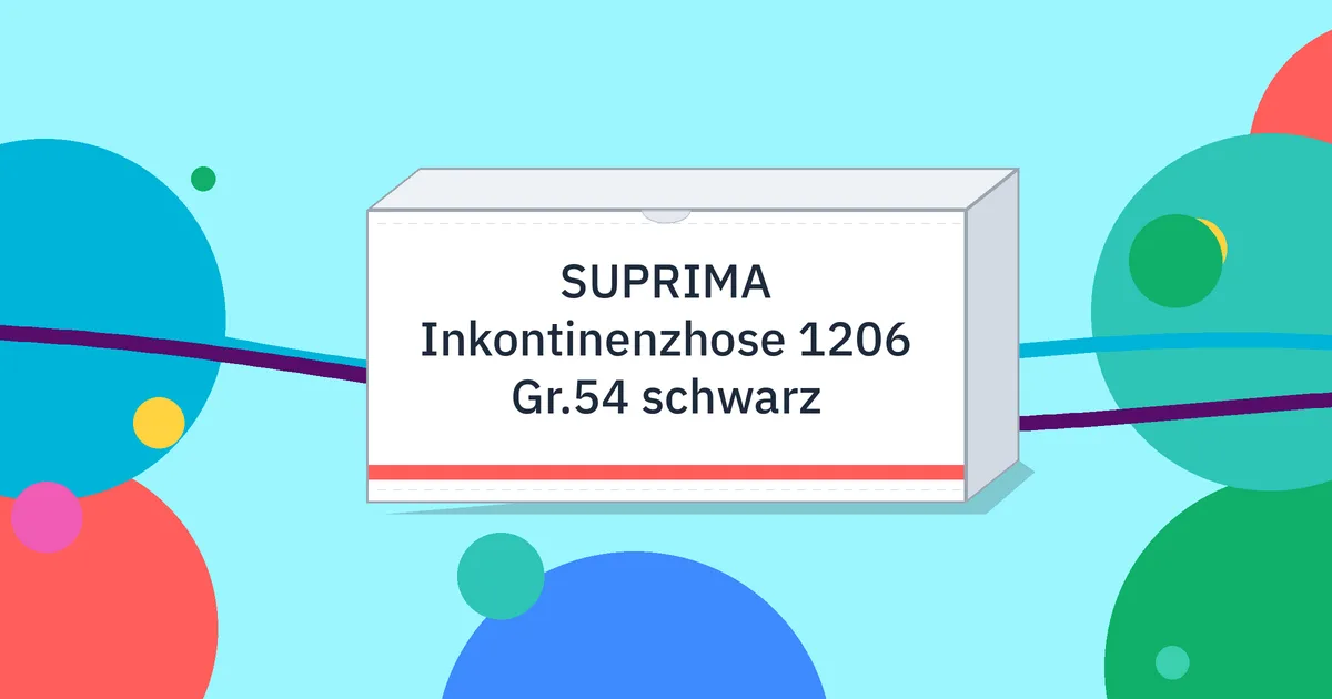 Symbolbild: Packung mit der Aufschrift SUPRIMA Inkontinenzhose 1206 Gr.54 schwarz (PZN 01514267) – Verfügbarkeit und Bezug in Apotheken in Frankfurt am Main