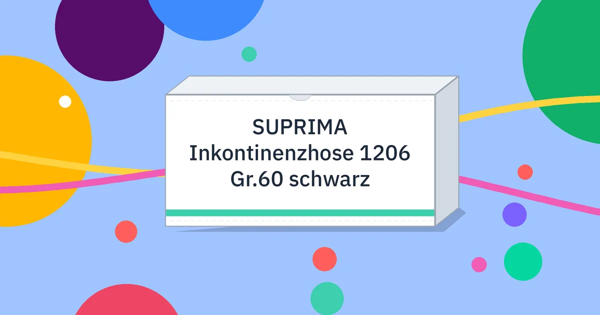 Symbolbild: Packung mit der Aufschrift SUPRIMA Inkontinenzhose 1206 Gr.60 schwarz (PZN 01514310) – Verfügbarkeit und Bezug in Apotheken in Frankfurt am Main