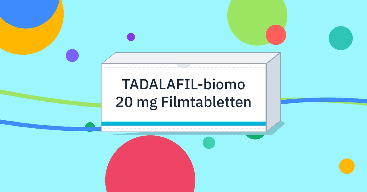 Symbolbild: Packung mit der Aufschrift TADALAFIL-biomo 20 mg Filmtabletten (PZN 12725547) – Verfügbarkeit und Bezug in Apotheken in Frankfurt am Main