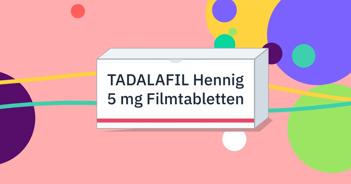 Symbolbild: Packung mit der Aufschrift TADALAFIL Hennig 5 mg Filmtabletten (PZN 13921345) – Verfügbarkeit und Bezug in Apotheken in Frankfurt am Main