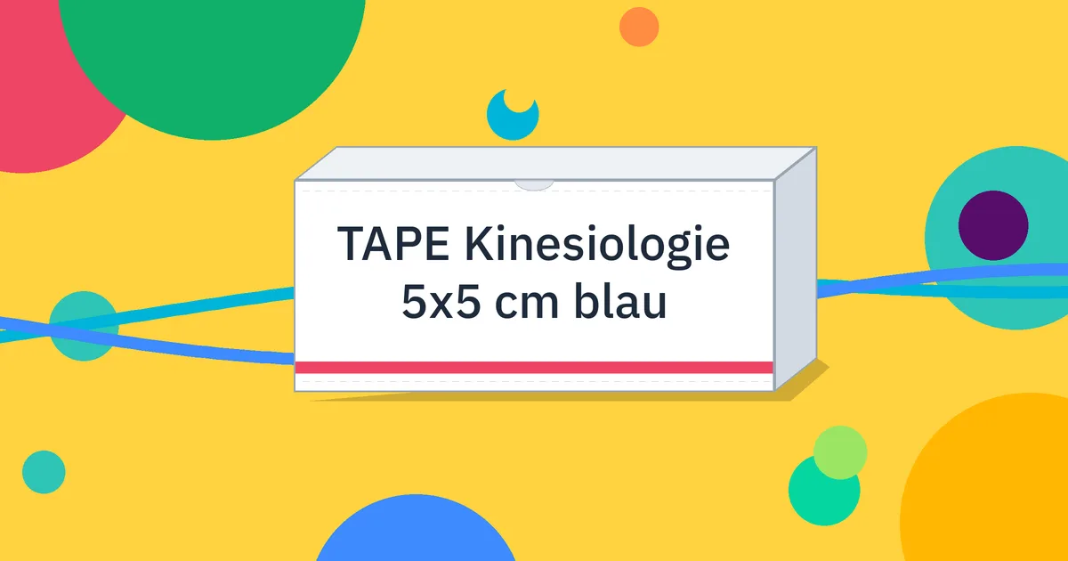 Symbolbild: Packung mit der Aufschrift TAPE Kinesiologie 5x5 cm blau (PZN 08761224) – Verfügbarkeit und Bezug in Apotheken in Frankfurt am Main