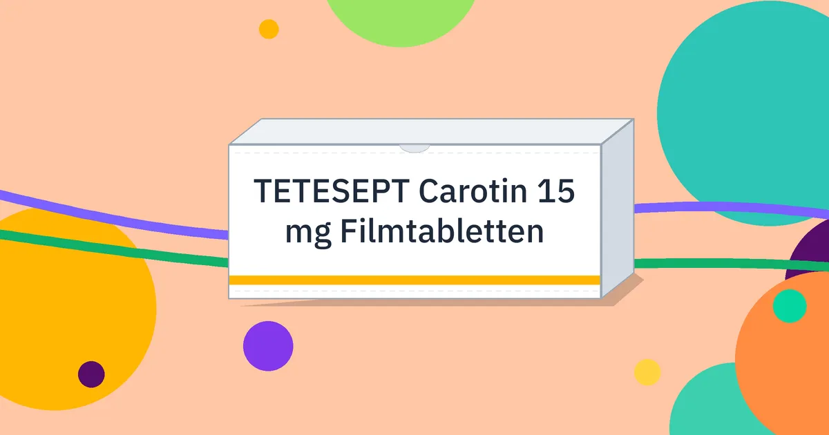 Symbolbild: Packung mit der Aufschrift TETESEPT Carotin 15 mg Filmtabletten (PZN 18338053) – Verfügbarkeit und Bezug in Apotheken in Frankfurt am Main