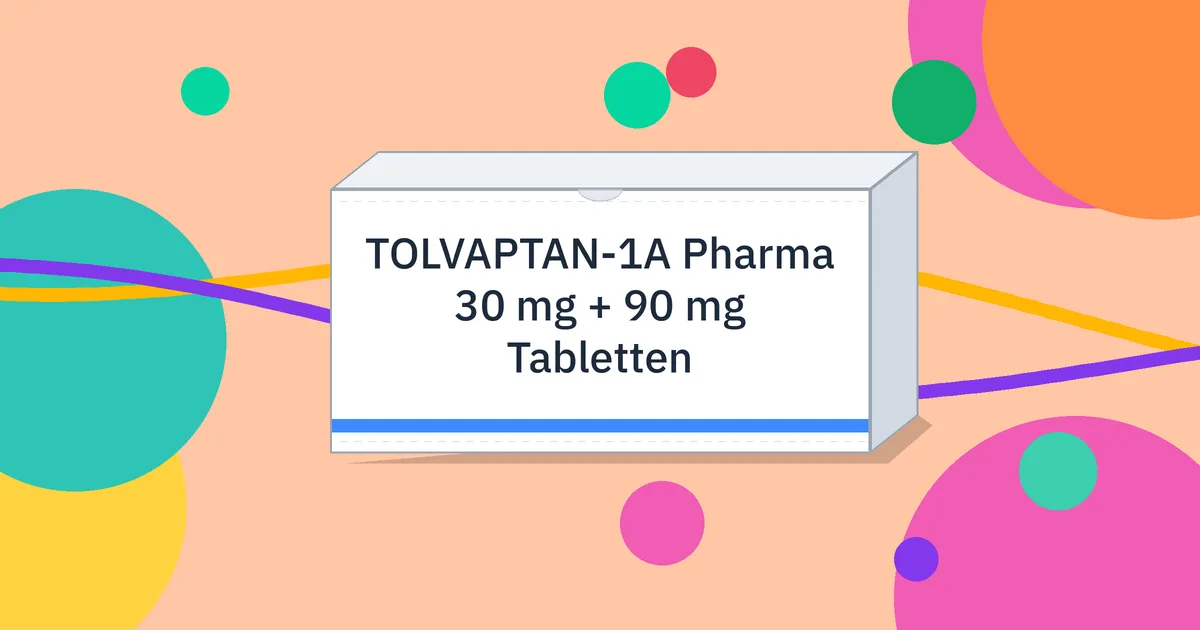 Symbolbild: Packung mit der Aufschrift TOLVAPTAN-1A Pharma 30 mg + 90 mg Tabletten (PZN 19100939) – Verfügbarkeit und Bezug in Apotheken in Frankfurt am Main