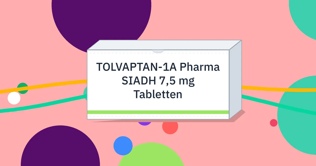 Symbolbild: Packung mit der Aufschrift TOLVAPTAN-1A Pharma SIADH 7,5 mg Tabletten (PZN 19100810) – Verfügbarkeit und Bezug in Apotheken in Frankfurt am Main