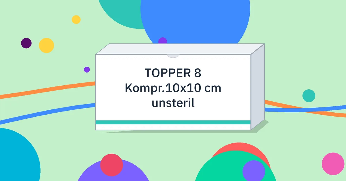 Symbolbild: Packung mit der Aufschrift TOPPER 8 Kompr.10x10 cm unsteril (PZN 14304844) – Verfügbarkeit und Bezug in Apotheken in Frankfurt am Main