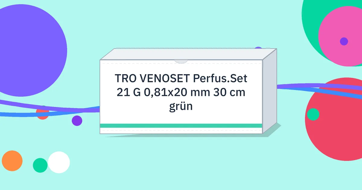 Symbolbild: Packung mit der Aufschrift TRO VENOSET Perfus.Set 21 G 0,81x20 mm 30 cm grün (PZN 12366108) – Verfügbarkeit und Bezug in Apotheken in Frankfurt am Main