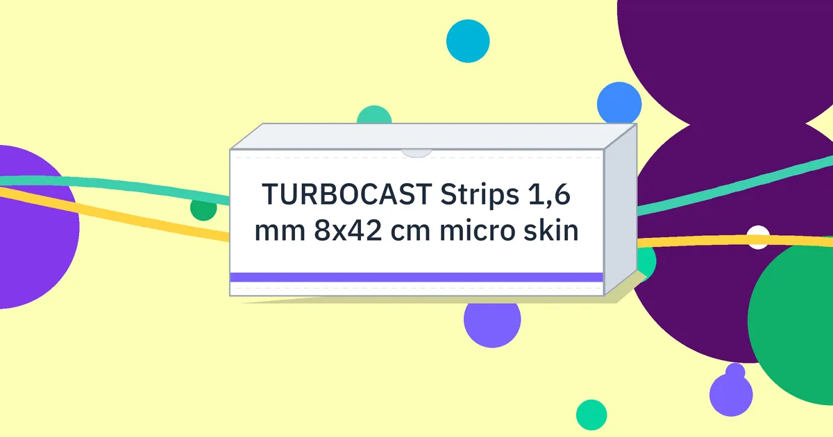 Symbolbild: Packung mit der Aufschrift TURBOCAST Strips 1,6 mm 8x42 cm micro skin (PZN 11241190) – Verfügbarkeit und Bezug in Apotheken in Frankfurt am Main