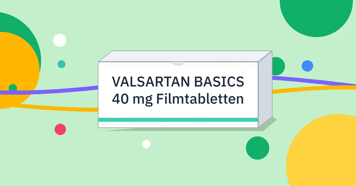 Symbolbild: Packung mit der Aufschrift VALSARTAN BASICS 40 mg Filmtabletten (PZN 08798948) – Verfügbarkeit und Bezug in Apotheken in Frankfurt am Main