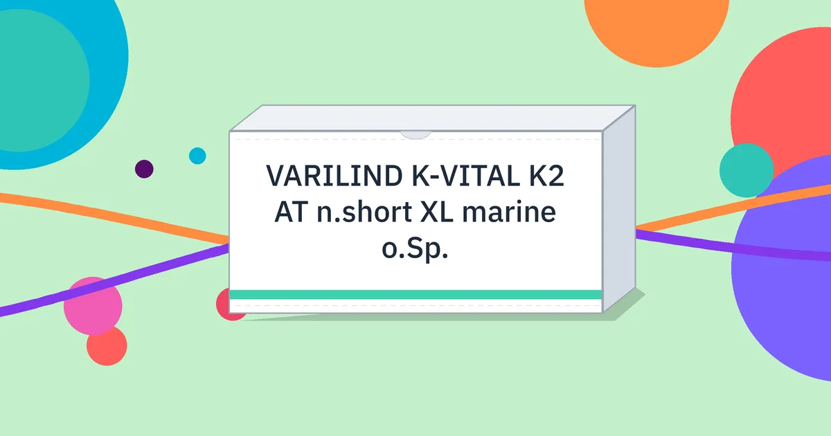 Symbolbild: Packung mit der Aufschrift VARILIND K-VITAL K2 AT n.short XL marine o.Sp. (PZN 20561723) – Verfügbarkeit und Bezug in Apotheken in Frankfurt am Main