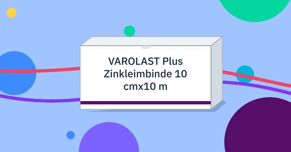 Symbolbild: Packung mit der Aufschrift VAROLAST Plus Zinkleimbinde 10 cmx10 m (PZN 16236420) – Verfügbarkeit und Bezug in Apotheken in Frankfurt am Main