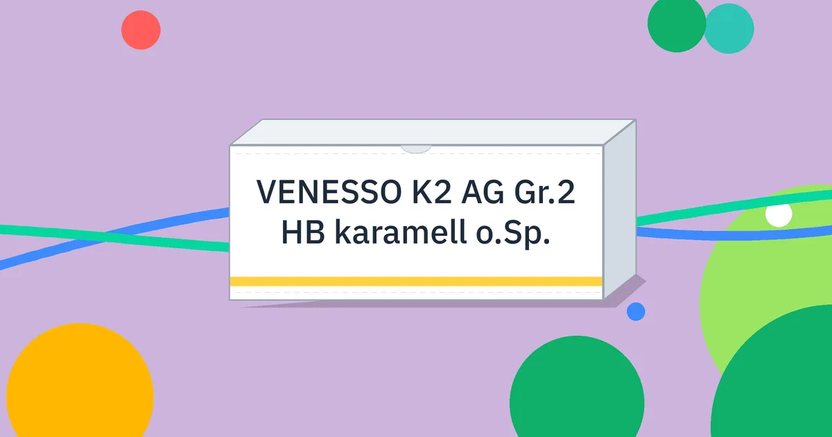 Symbolbild: Packung mit der Aufschrift VENESSO K2 AG Gr.2 HB karamell o.Sp. (PZN 13758299) – Verfügbarkeit und Bezug in Apotheken in Frankfurt am Main