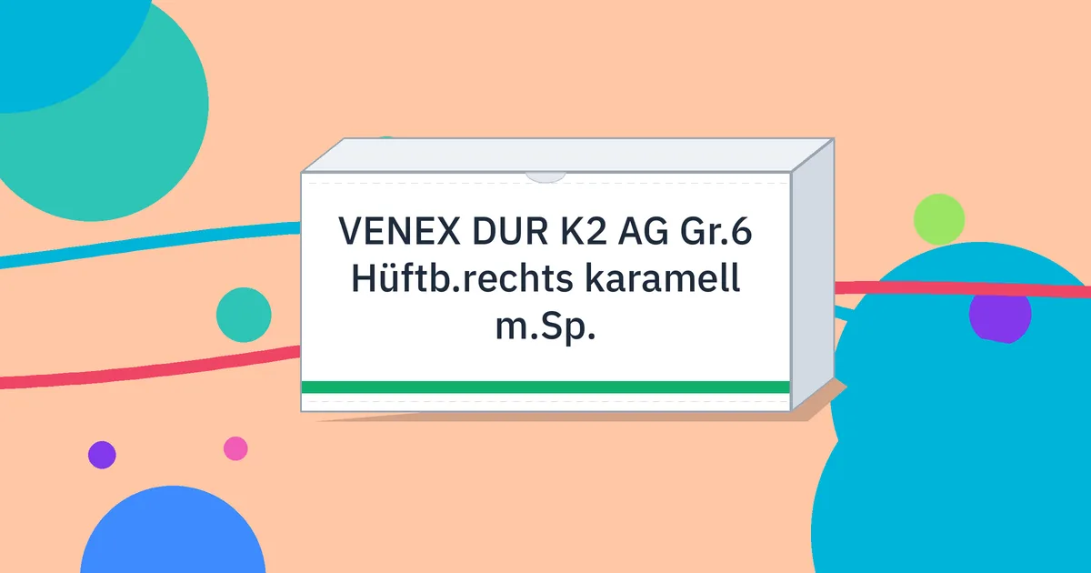 Symbolbild: Packung mit der Aufschrift VENEX DUR K2 AG Gr.6 Hüftb.rechts karamell m.Sp. (PZN 13761232) – Verfügbarkeit und Bezug in Apotheken in Frankfurt am Main