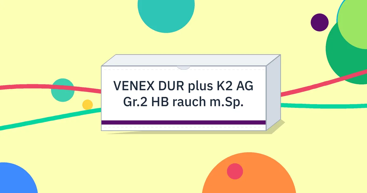Symbolbild: Packung mit der Aufschrift VENEX DUR plus K2 AG Gr.2 HB rauch m.Sp. (PZN 03236074) – Verfügbarkeit und Bezug in Apotheken in Frankfurt am Main
