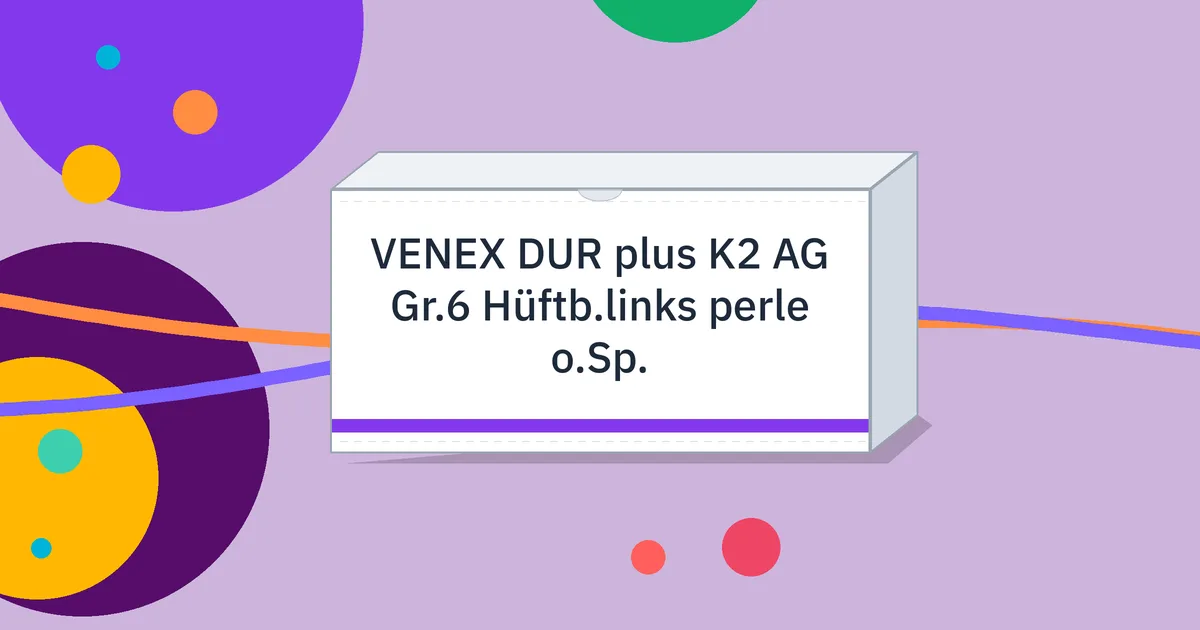 Symbolbild: Packung mit der Aufschrift VENEX DUR plus K2 AG Gr.6 Hüftb.links perle o.Sp. (PZN 03240101) – Verfügbarkeit und Bezug in Apotheken in Frankfurt am Main