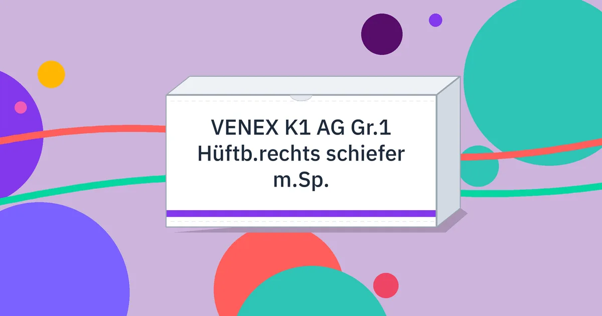 Symbolbild: Packung mit der Aufschrift VENEX K1 AG Gr.1 Hüftb.rechts schiefer m.Sp. (PZN 03203028) – Verfügbarkeit und Bezug in Apotheken in Frankfurt am Main