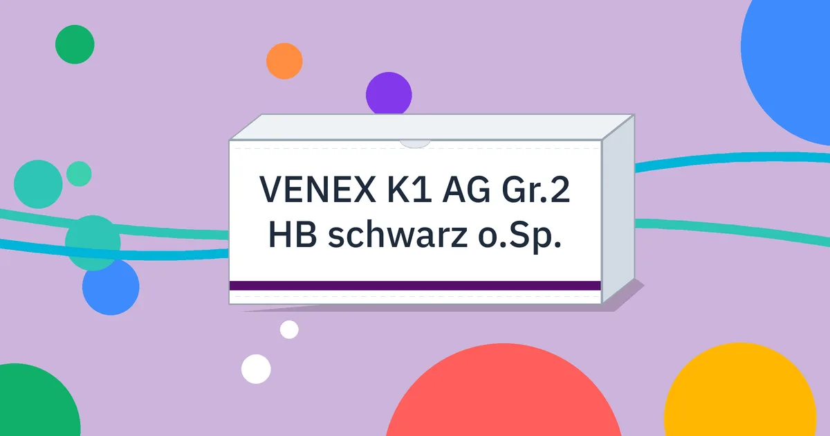 Symbolbild: Packung mit der Aufschrift VENEX K1 AG Gr.2 HB schwarz o.Sp. (PZN 03194097) – Verfügbarkeit und Bezug in Apotheken in Frankfurt am Main