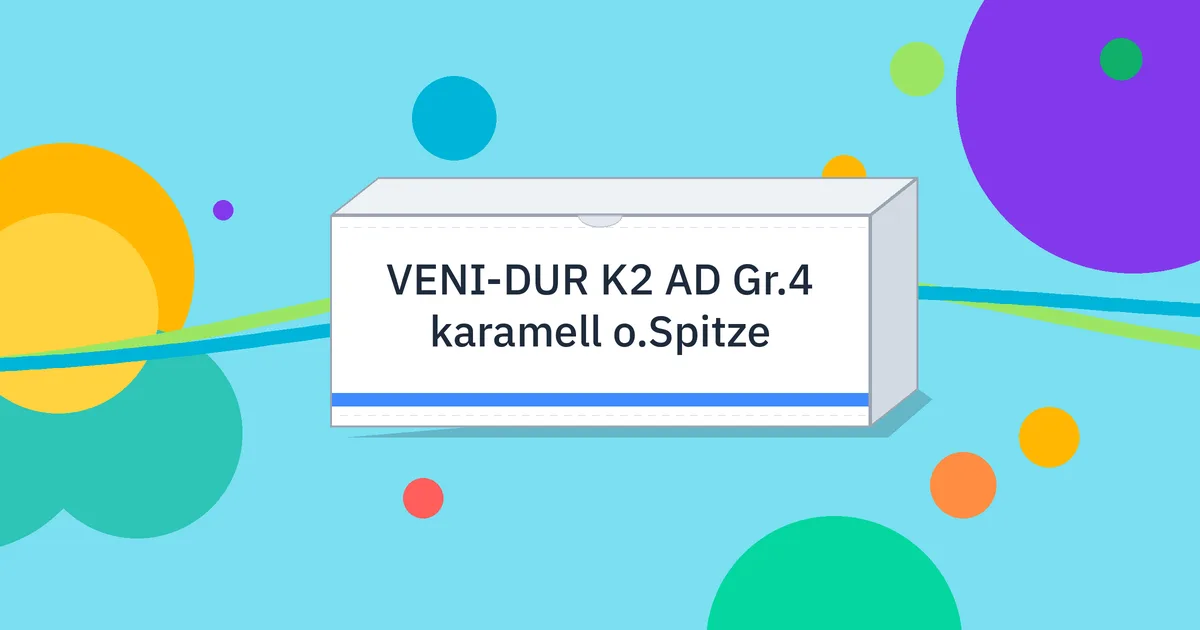 Symbolbild: Packung mit der Aufschrift VENI-DUR K2 AD Gr.4 karamell o.Spitze (PZN 13756308) – Verfügbarkeit und Bezug in Apotheken in Frankfurt am Main