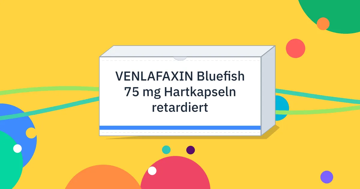Symbolbild: Packung mit der Aufschrift VENLAFAXIN Bluefish 75 mg Hartkapseln retardiert (PZN 14296458) – Verfügbarkeit und Bezug in Apotheken in Frankfurt am Main