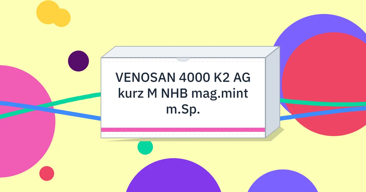Symbolbild: Packung mit der Aufschrift VENOSAN 4000 K2 AG kurz M NHB mag.mint m.Sp. (PZN 19154378) – Verfügbarkeit und Bezug in Apotheken in Frankfurt am Main