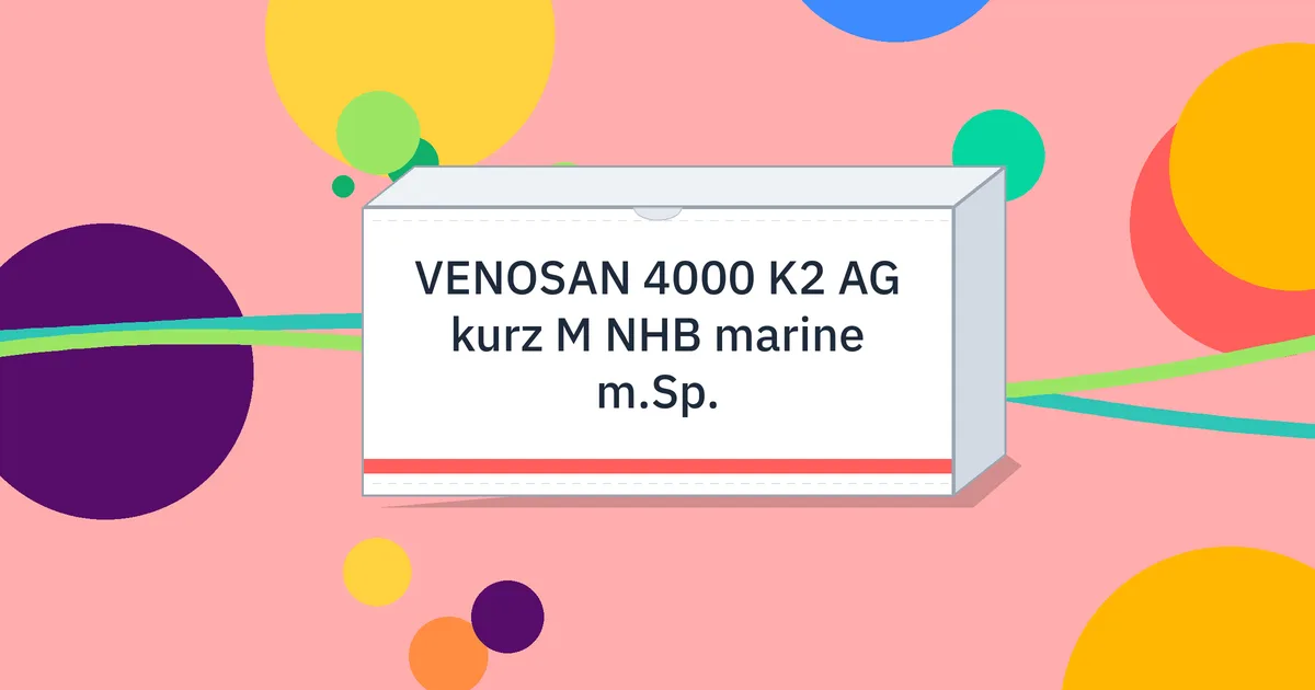 Symbolbild: Packung mit der Aufschrift VENOSAN 4000 K2 AG kurz M NHB marine m.Sp. (PZN 16602422) – Verfügbarkeit und Bezug in Apotheken in Frankfurt am Main