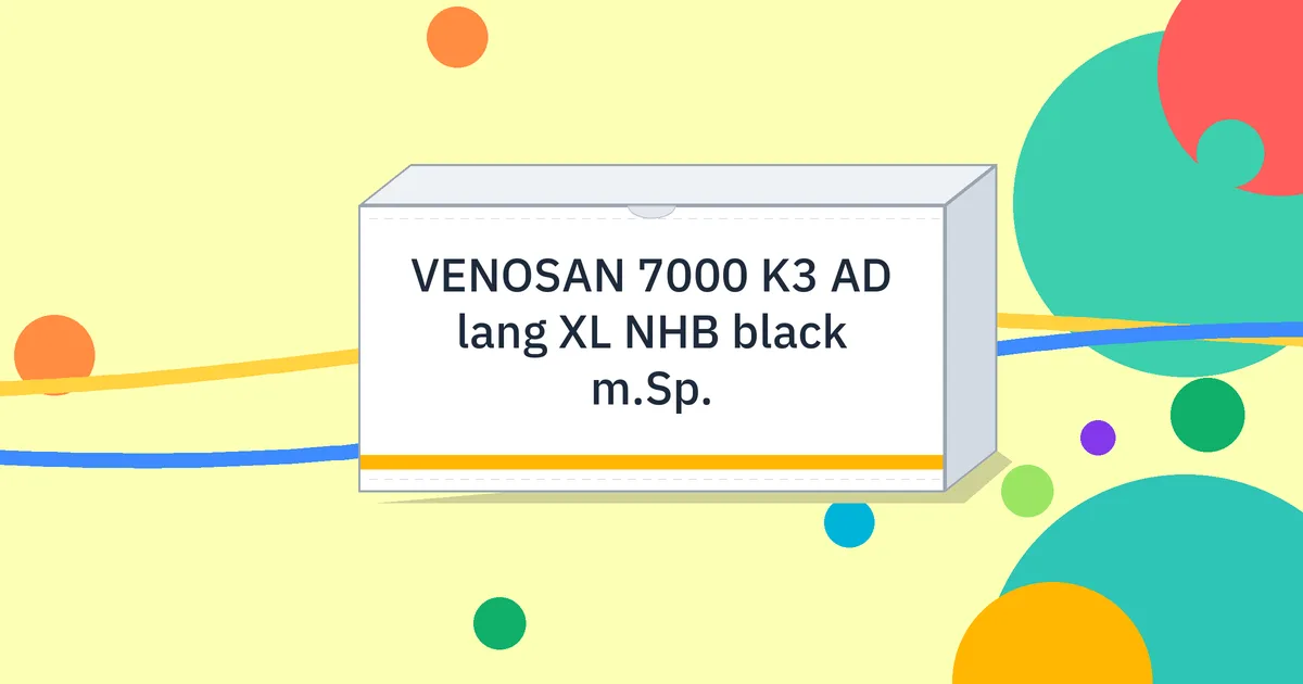 Symbolbild: Packung mit der Aufschrift VENOSAN 7000 K3 AD lang XL NHB black m.Sp. (PZN 14436362) – Verfügbarkeit und Bezug in Apotheken in Frankfurt am Main