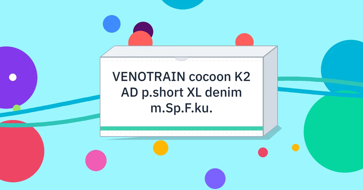 Symbolbild: Packung mit der Aufschrift VENOTRAIN cocoon K2 AD p.short XL denim m.Sp.F.ku. (PZN 19199010) – Verfügbarkeit und Bezug in Apotheken in Frankfurt am Main