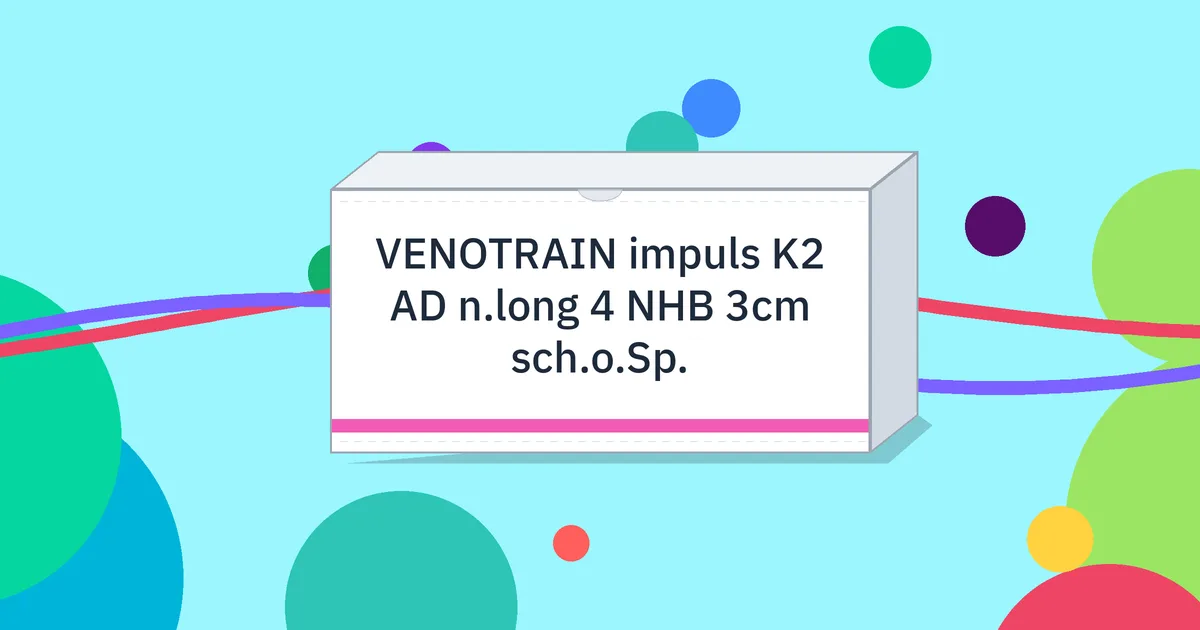 Symbolbild: Packung mit der Aufschrift VENOTRAIN impuls K2 AD n.long 4 NHB 3cm sch.o.Sp. (PZN 00653067) – Verfügbarkeit und Bezug in Apotheken in Frankfurt am Main