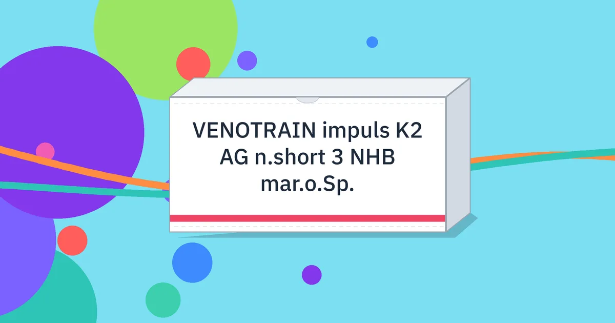 Symbolbild: Packung mit der Aufschrift VENOTRAIN impuls K2 AG n.short 3 NHB mar.o.Sp. (PZN 15214310) – Verfügbarkeit und Bezug in Apotheken in Frankfurt am Main