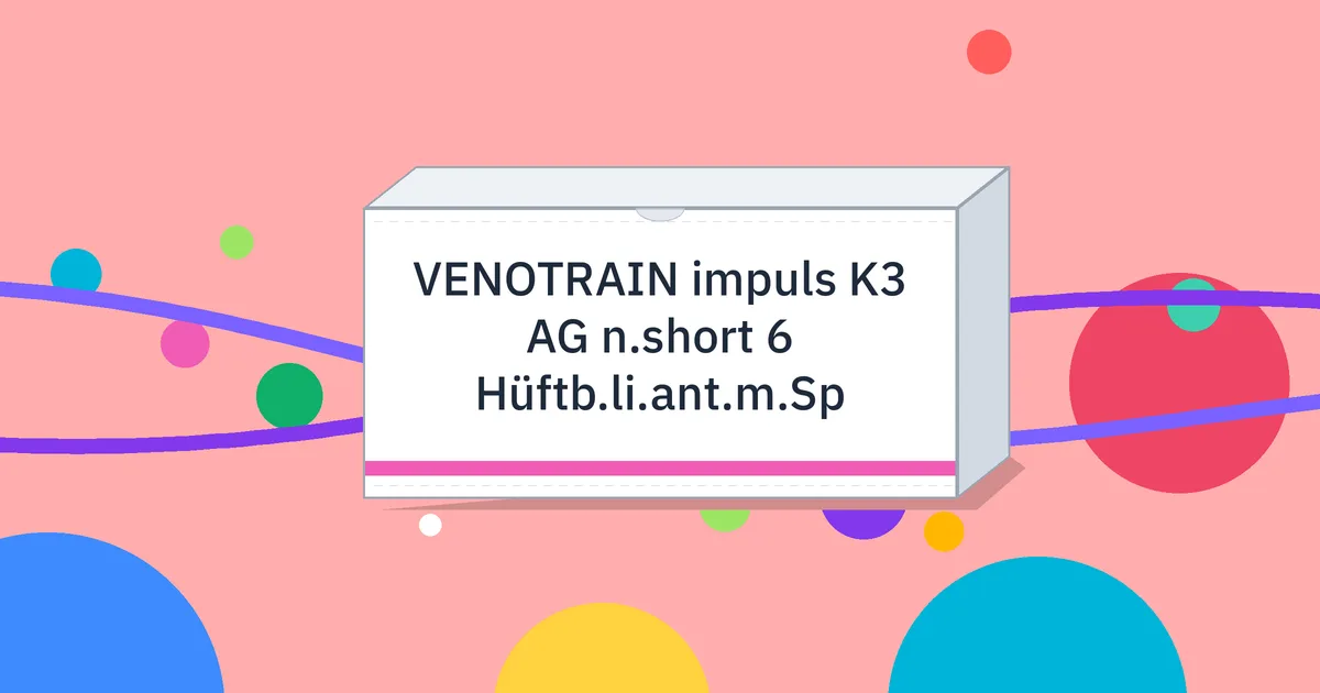 Symbolbild: Packung mit der Aufschrift VENOTRAIN impuls K3 AG n.short 6 Hüftb.li.ant.m.Sp (PZN 15220552) – Verfügbarkeit und Bezug in Apotheken in Frankfurt am Main