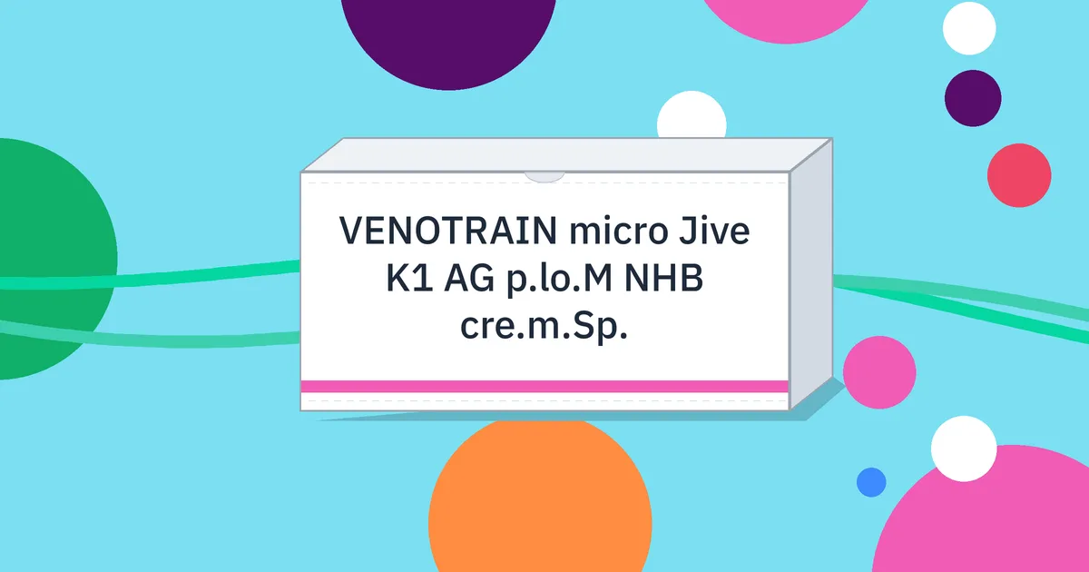 Symbolbild: Packung mit der Aufschrift VENOTRAIN micro Jive K1 AG p.lo.M NHB cre.m.Sp. (PZN 17763498) – Verfügbarkeit und Bezug in Apotheken in Frankfurt am Main