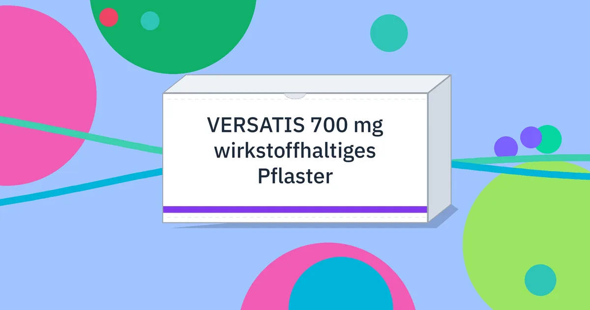 Symbolbild: Packung mit der Aufschrift VERSATIS 700 mg wirkstoffhaltiges Pflaster (PZN 17556670) – Verfügbarkeit und Bezug in Apotheken in Frankfurt am Main