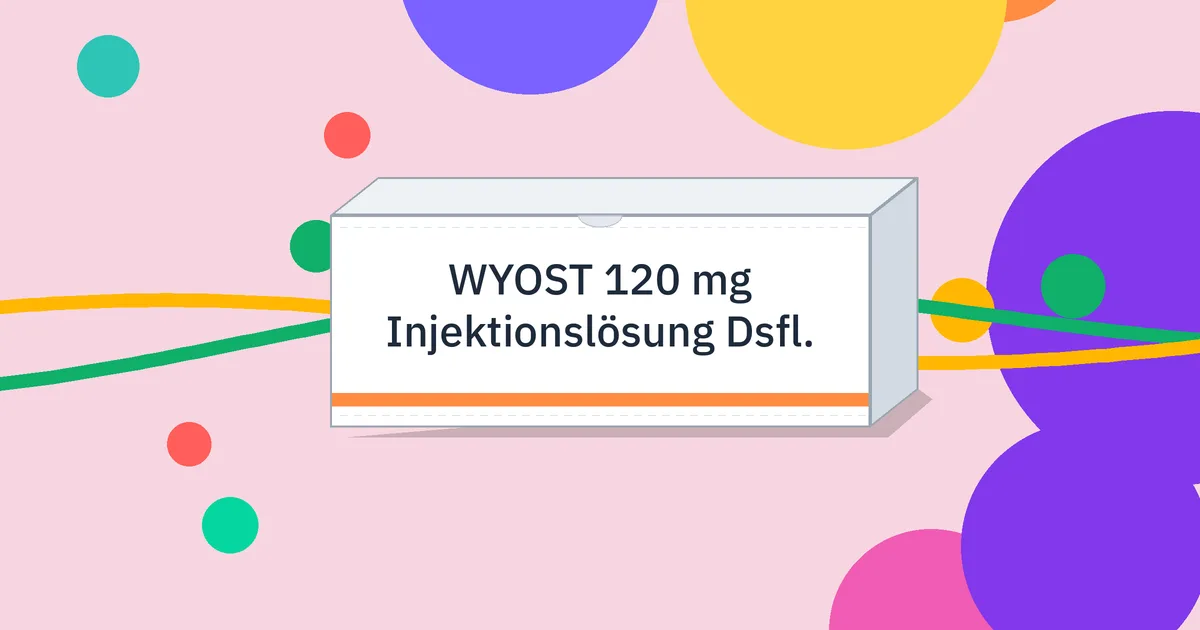 Symbolbild: Packung mit der Aufschrift WYOST 120 mg Injektionslösung Dsfl. (PZN 20657908) – Verfügbarkeit und Bezug in Apotheken in Frankfurt am Main