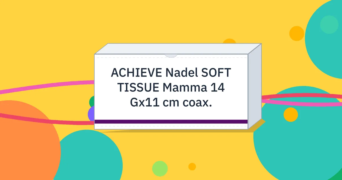 Symbolbild: Packung mit der Aufschrift ACHIEVE Nadel SOFT TISSUE Mamma 14 Gx11 cm coax. (PZN 18764525) – Verfügbarkeit und Bezug in Apotheken in Frankfurt am Main