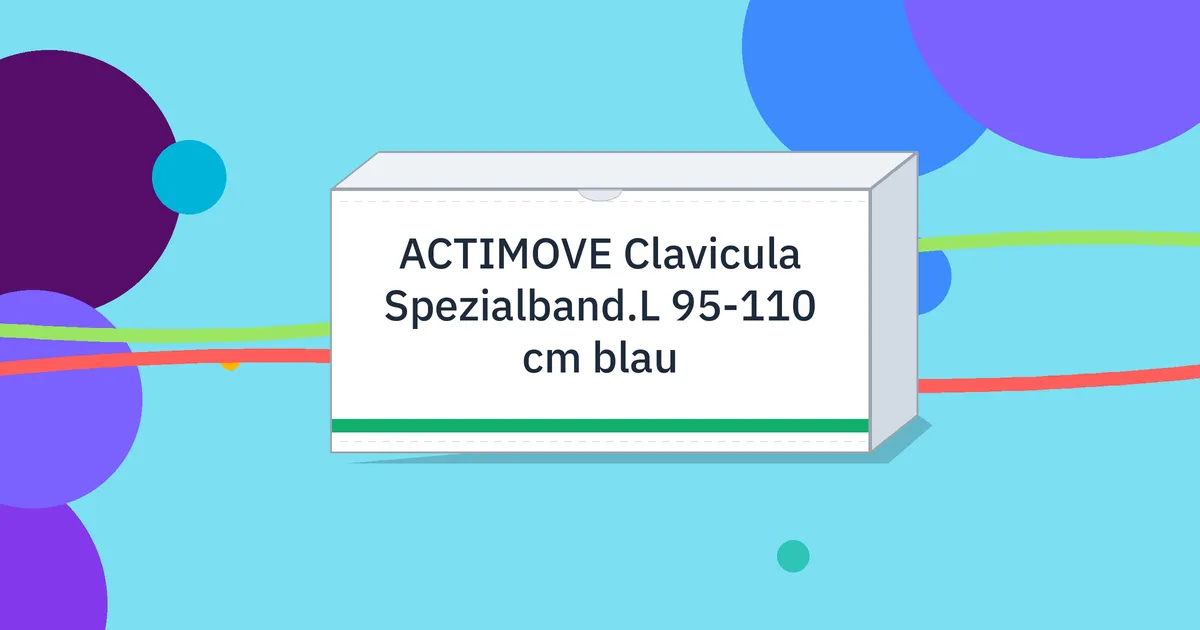 Symbolbild: Packung mit der Aufschrift ACTIMOVE Clavicula Spezialband.L 95-110 cm blau (PZN 18222907) – Verfügbarkeit und Bezug in Apotheken in Frankfurt am Main