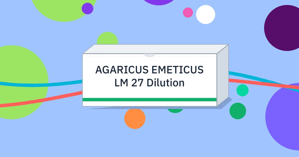 Symbolbild: Packung mit der Aufschrift AGARICUS EMETICUS LM 27 Dilution (PZN 13304210) – Verfügbarkeit und Bezug in Apotheken in Frankfurt am Main