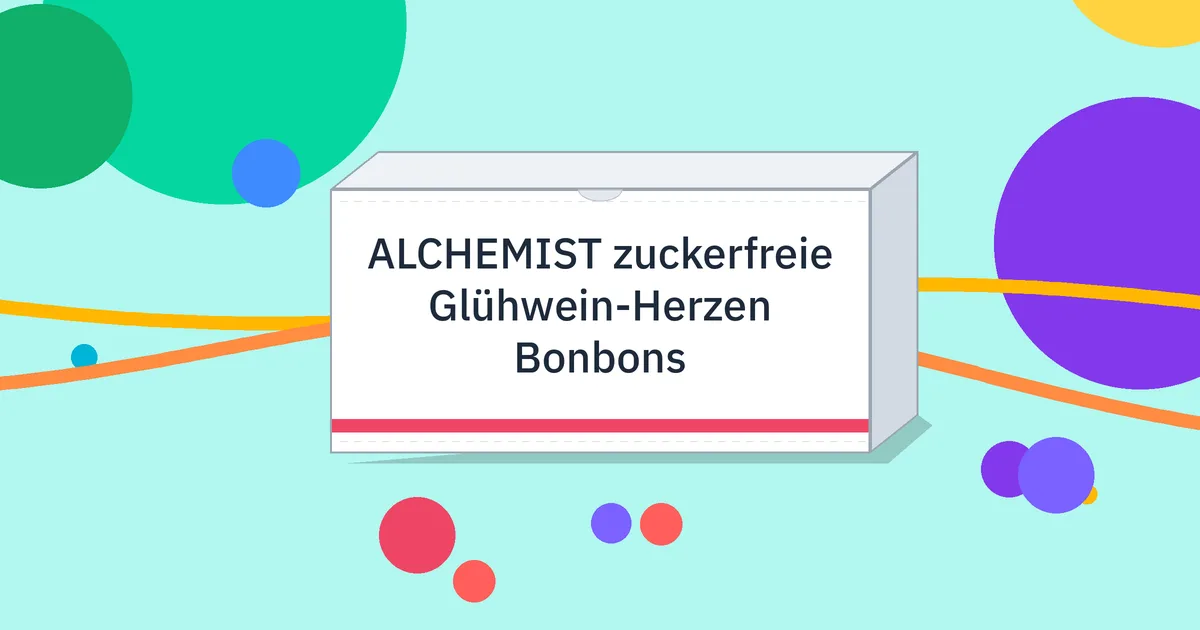 Symbolbild: Packung mit der Aufschrift ALCHEMIST zuckerfreie Glühwein-Herzen Bonbons (PZN 17153127) – Verfügbarkeit und Bezug in Apotheken in Frankfurt am Main