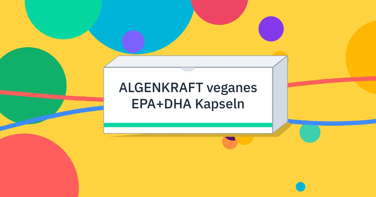 Symbolbild: Packung mit der Aufschrift ALGENKRAFT veganes EPA+DHA Kapseln (PZN 16488972) – Verfügbarkeit und Bezug in Apotheken in Frankfurt am Main