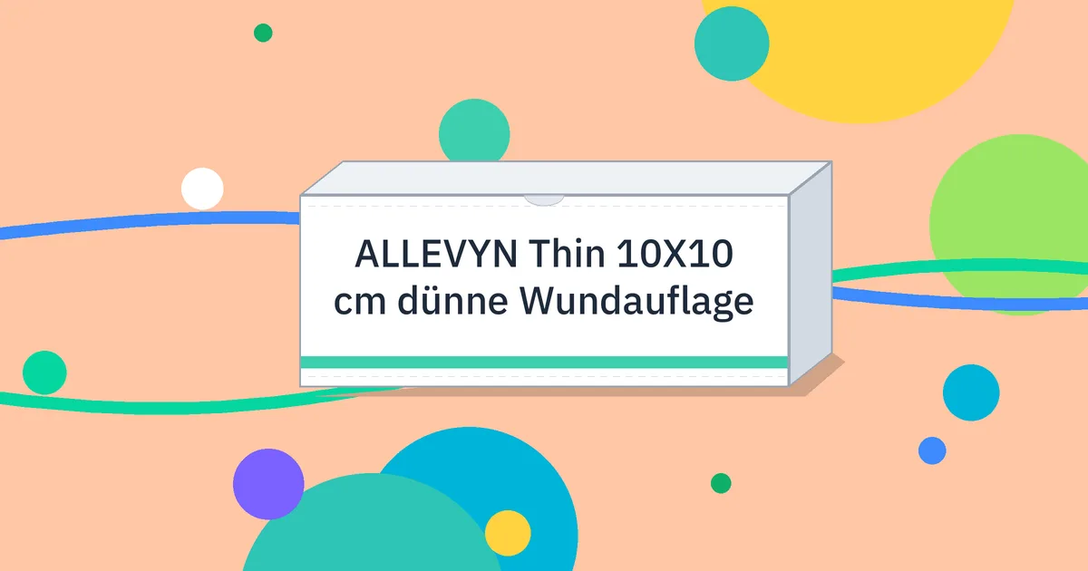 Symbolbild: Packung mit der Aufschrift ALLEVYN Thin 10X10 cm dünne Wundauflage (PZN 10210224) – Verfügbarkeit und Bezug in Apotheken in Frankfurt am Main