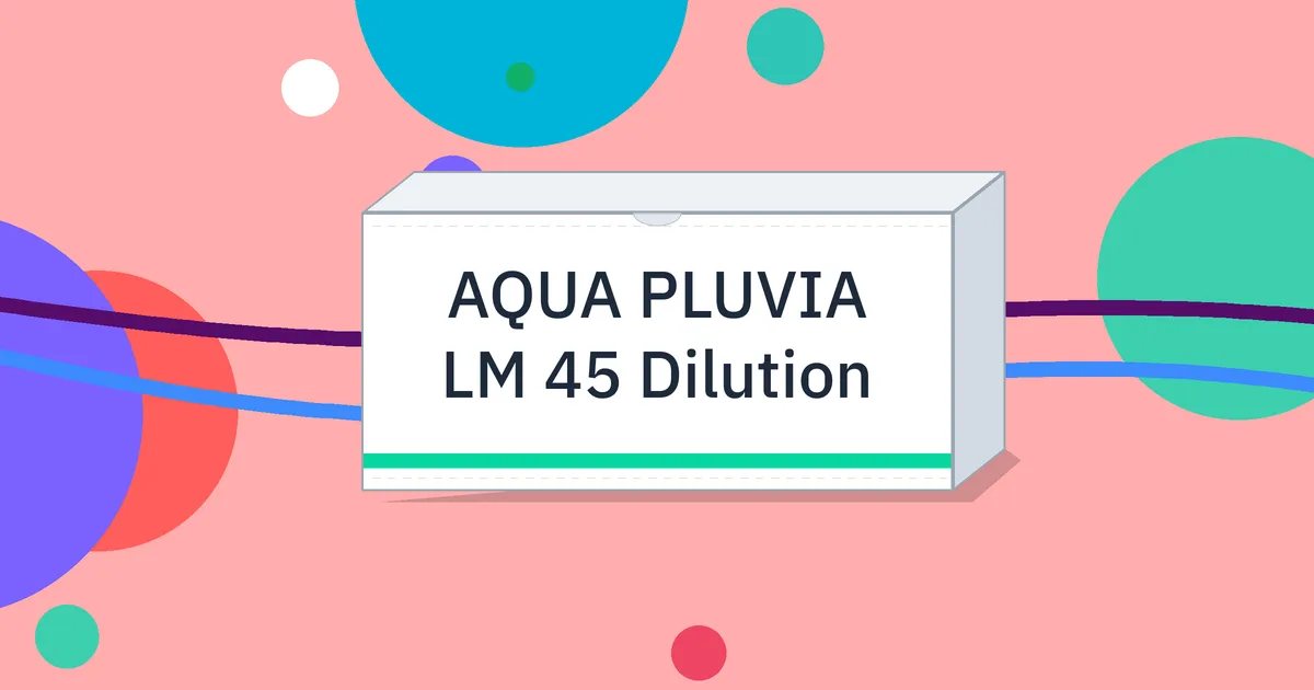 Symbolbild: Packung mit der Aufschrift AQUA PLUVIA LM 45 Dilution (PZN 12766204) – Verfügbarkeit und Bezug in Apotheken in Frankfurt am Main