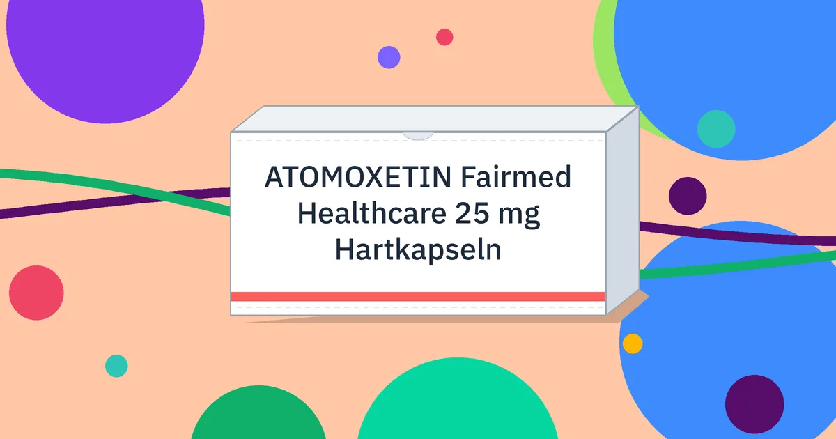 Symbolbild: Packung mit der Aufschrift ATOMOXETIN Fairmed Healthcare 25 mg Hartkapseln (PZN 16581507) – Verfügbarkeit und Bezug in Apotheken in Frankfurt am Main