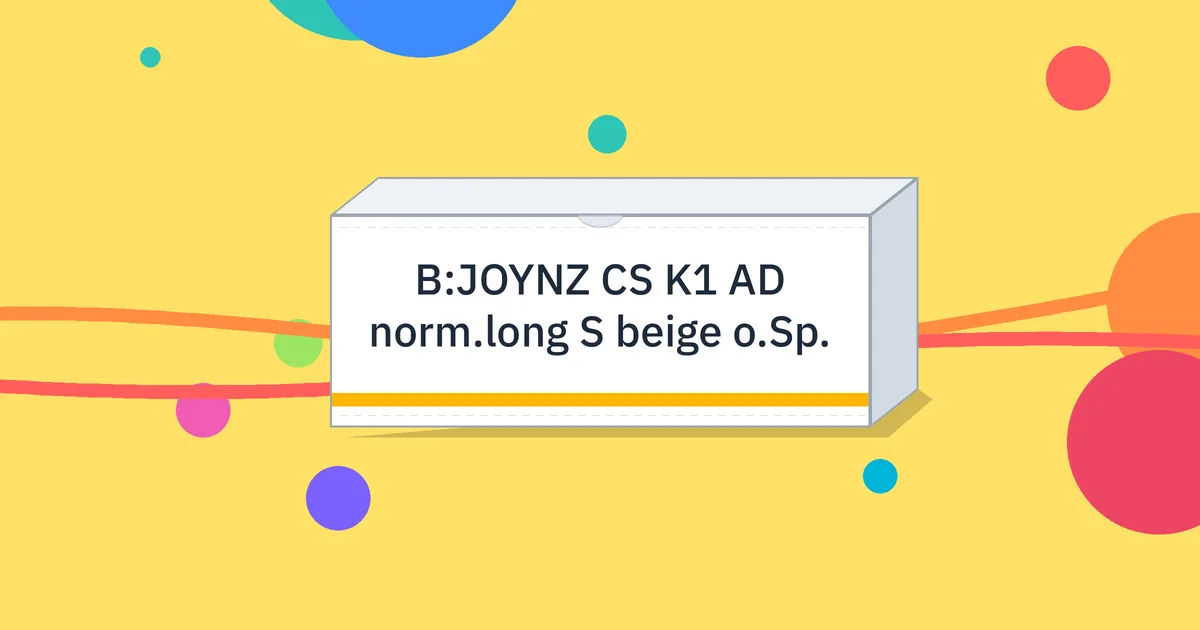 Symbolbild: Packung mit der Aufschrift B:JOYNZ CS K1 AD norm.long S beige o.Sp. (PZN 20525006) – Verfügbarkeit und Bezug in Apotheken in Frankfurt am Main