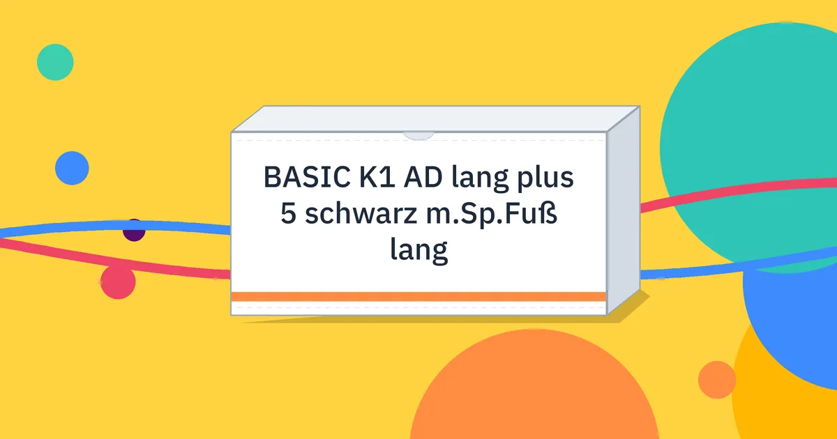 Symbolbild: Packung mit der Aufschrift BASIC K1 AD lang plus 5 schwarz m.Sp.Fuß lang (PZN 20258700) – Verfügbarkeit und Bezug in Apotheken in Frankfurt am Main